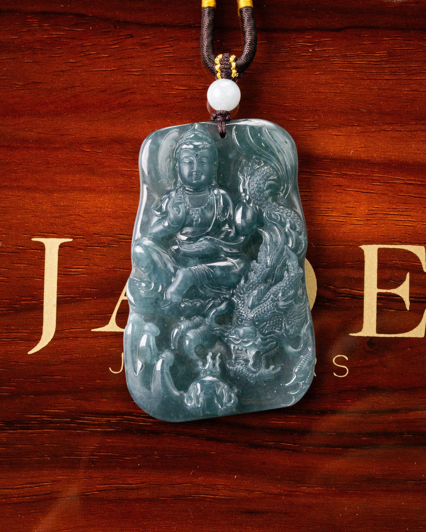 Blue Water Meditating Buddha Gliding Dragon Jade Pendant – The Jade ...